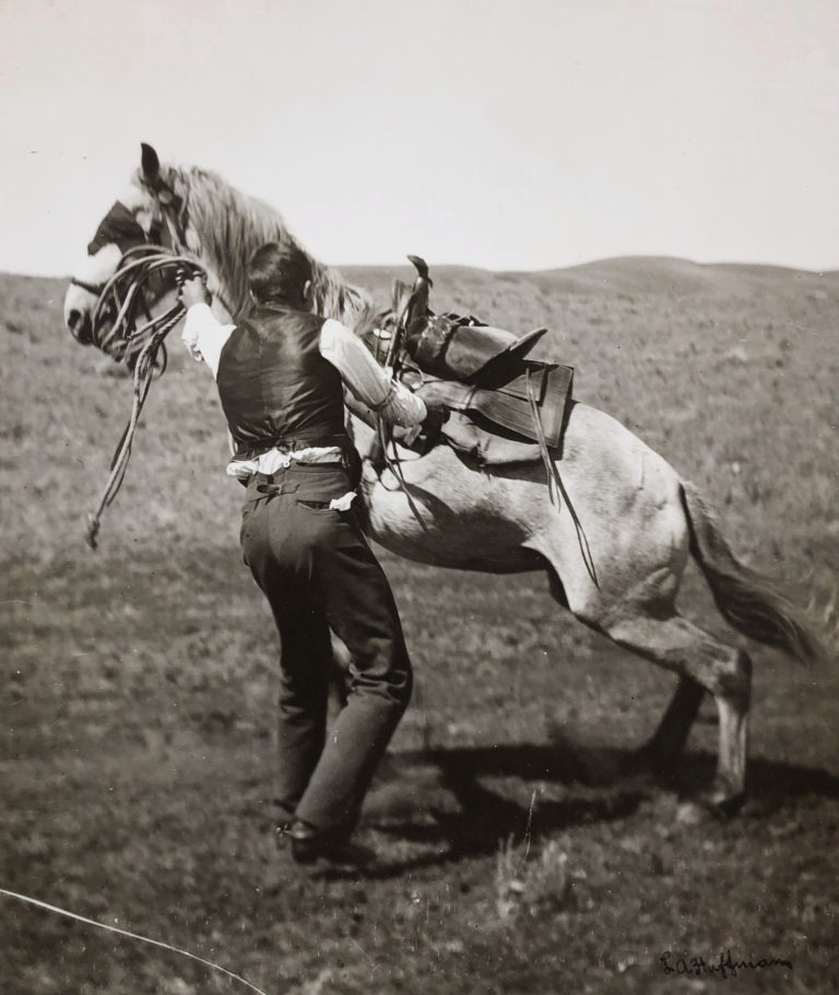 LA Huffman, Saddling the Wild Horse, 1894, Montana